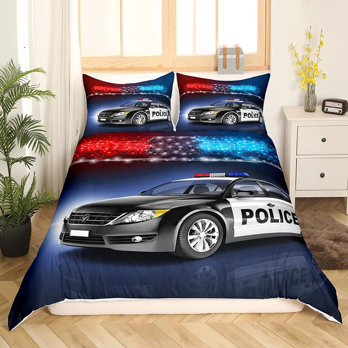 Policeman-Car-King-Queen-Duvet-Cover-Cartoon-Black-Police-Car-Bedding ...