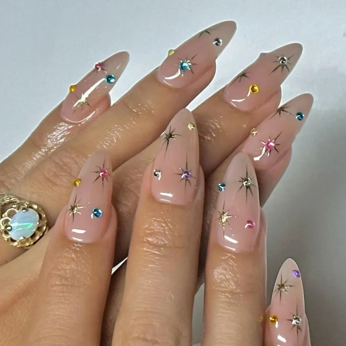 24Pcs Stiletto Press on Nails Glitter Almond False Nails French Tip ...