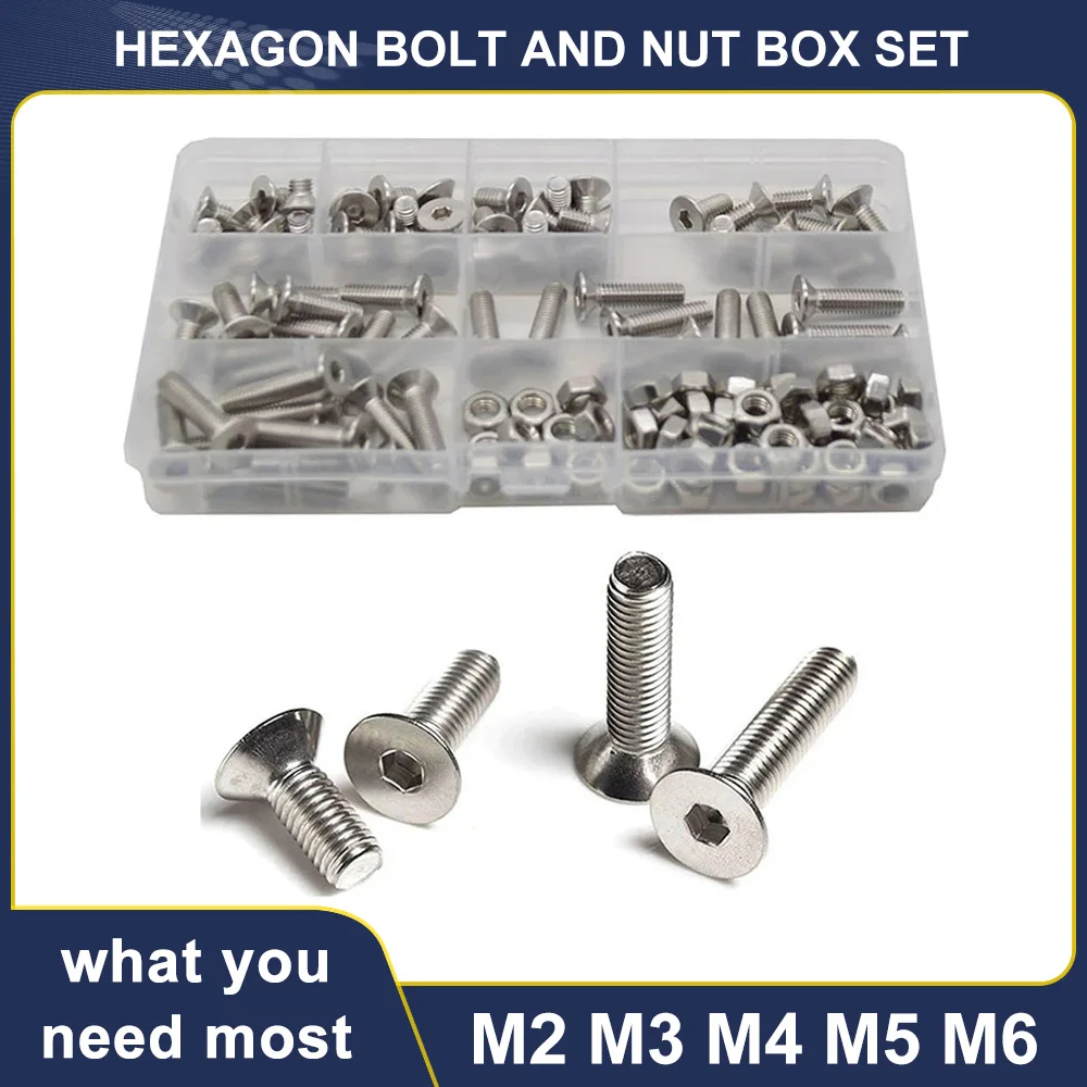 M2 M3 M4 M5 M6 Hex Socket Bolt and Nut Box Set 304 Stainless Steel Flat ...