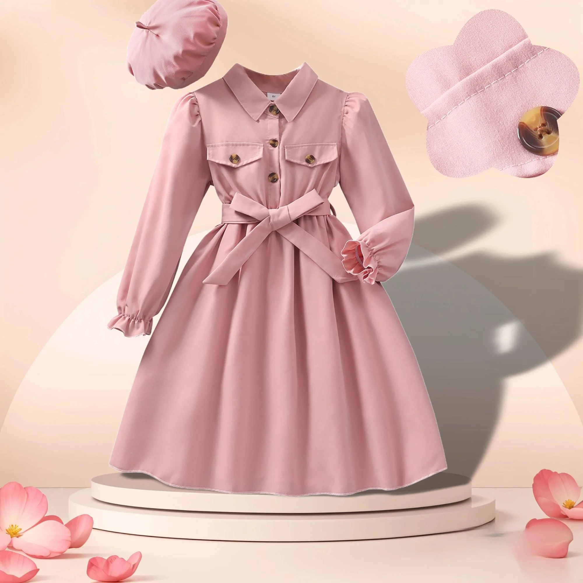 New Kid Girls Dress Spring Autumn Long Sleeve Solid Color Single ...