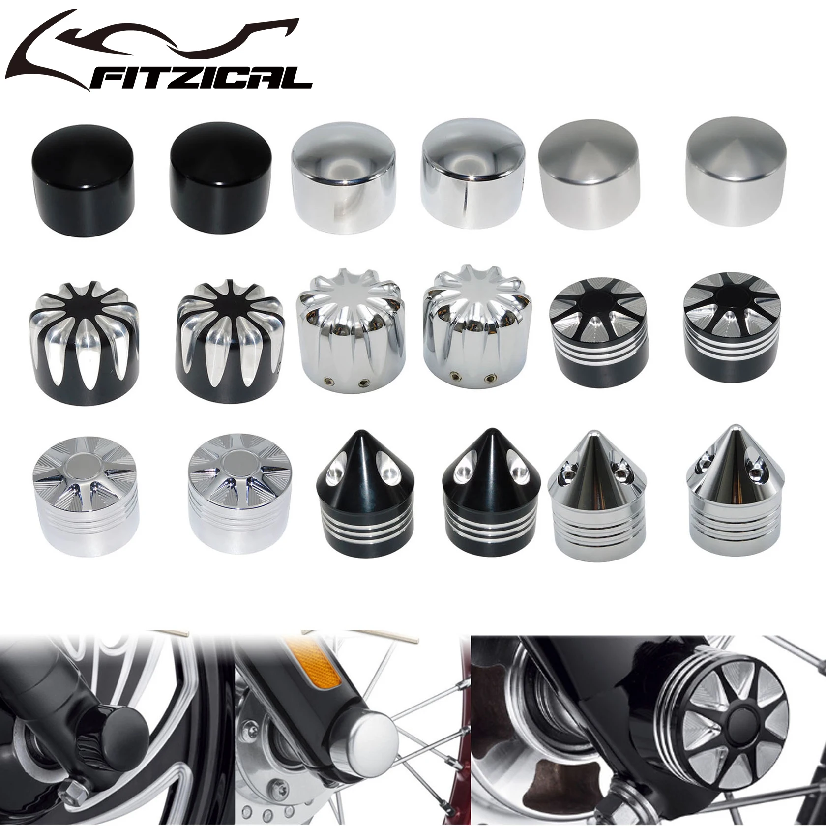 2xMotorcycle-CNC-Front-Axle-Nut-Covers-Caps-Aluminum-Black-Chrome-For ...