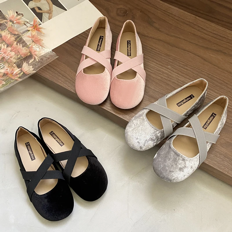 Luxury Peach Pink Velvet Ballet Shoes Woman Classic Round Toe Cross ...