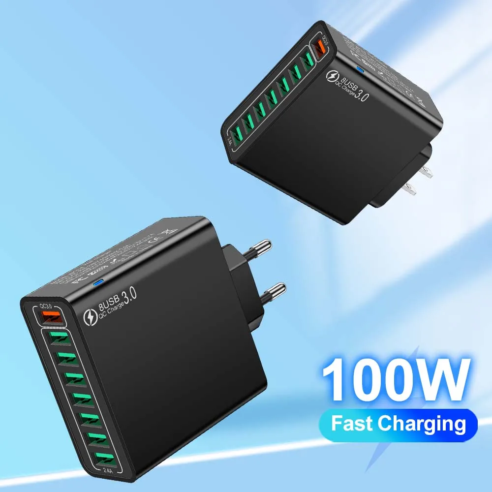 Total 100W 8 Ports Fast Charging USB Wall Charger QC3.0 Portable Mobile ...