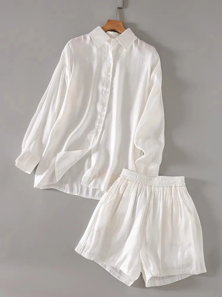 Women Shirts CHIC Causal Long Sleeve Shirt with Wide Short Leg Shorts ...