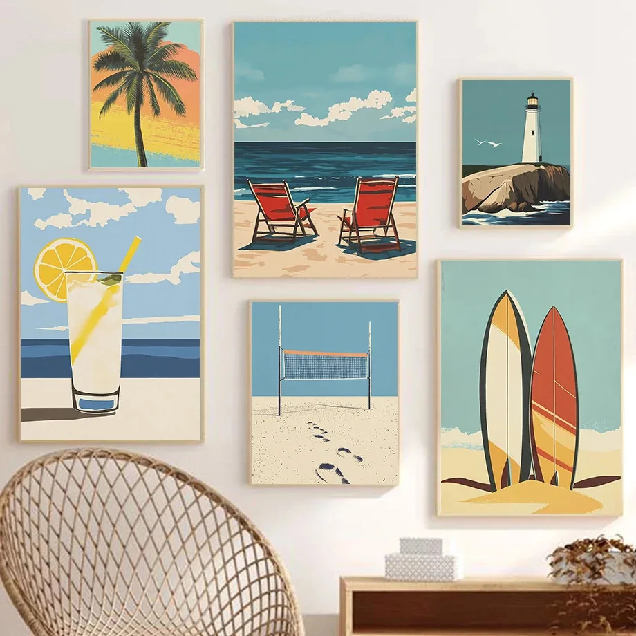Minimalist Summer Beach Lighthouse Seagull Ocean Palm Tree Posters ...