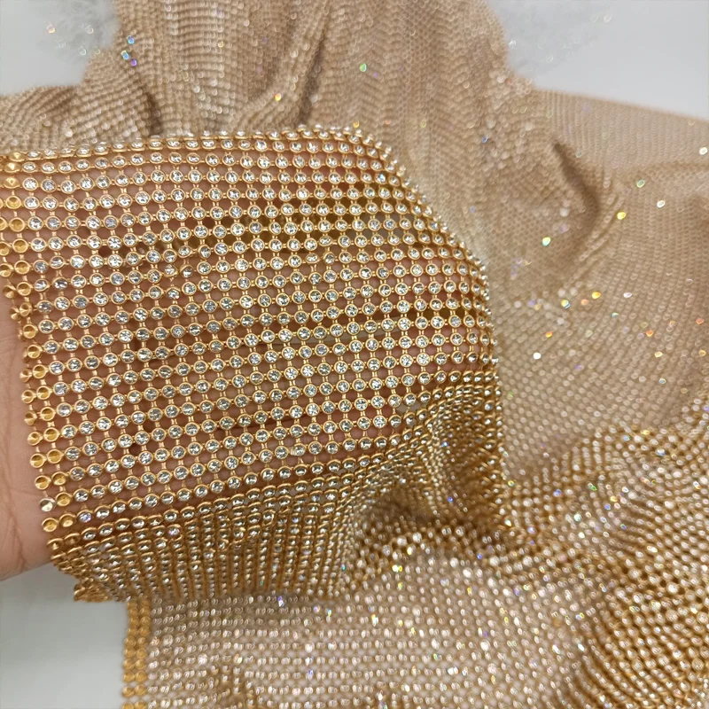 45x120cm Sparkly Gold Base Rhinestone Metal Mesh Chainmail Fabric For ...