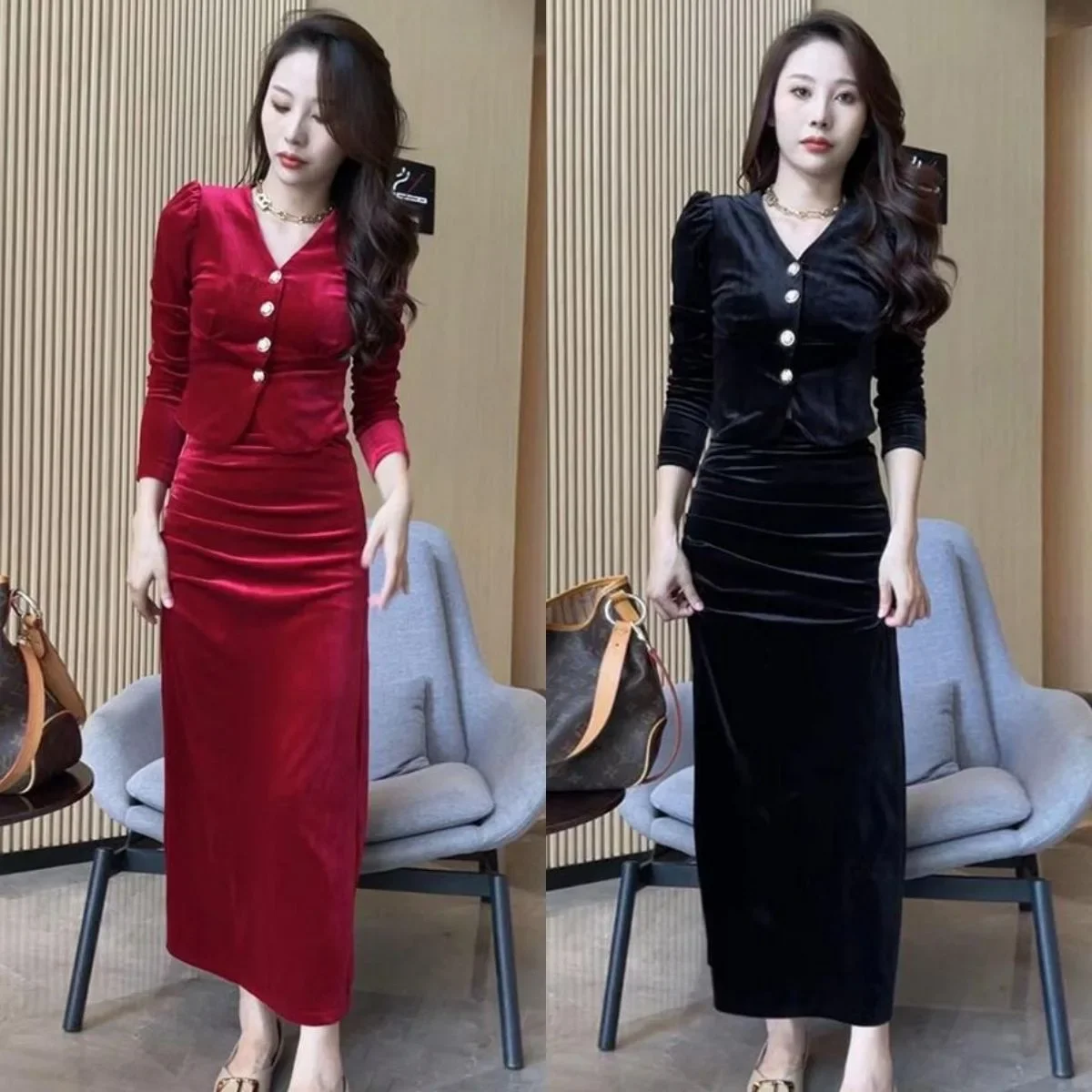 Velvet Two-Piece Set Women's Fashion Slim High Waist Half Body Skirt ...