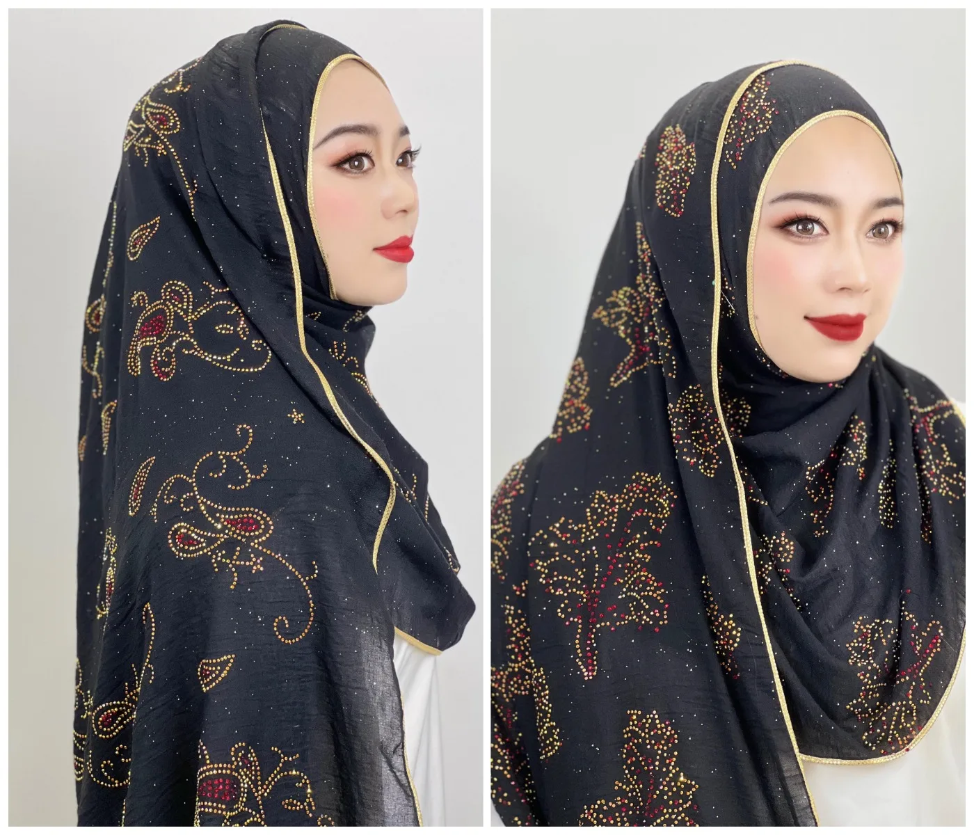 Muslim-Black-Hijab-with-Drill-Solid-Color-Shiny-Hijab-Arab-Hijab-Women ...