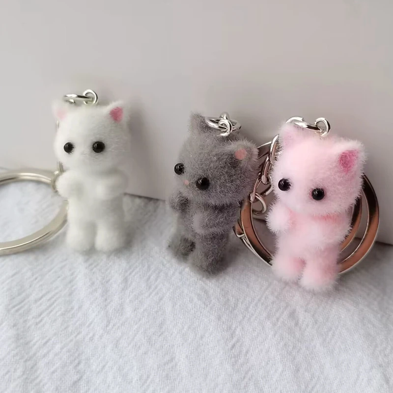 1PCS-Kawaii-Flocking-Cat-Keychain-Cute-Kitty-Key-Ring-Animal-Key-Chains ...