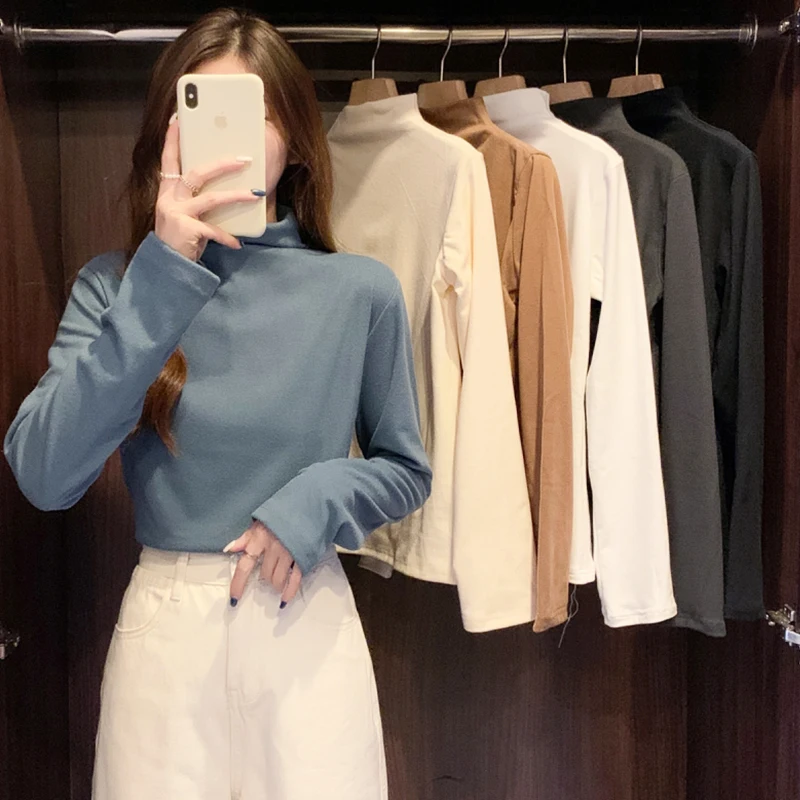 플러스 사이즈 팻 Mm 하프 하이 칼라 드론 보터밍 셔츠 여성 이너웨어 가을 겨울 양면 샌딩 긴팔 셔츠 2022 탑