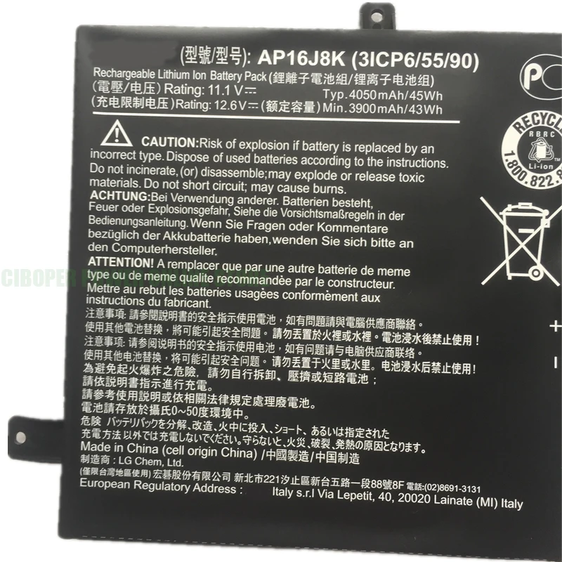 Bateria Original Ap16j8k 11.1v 45wh 4050mah Do Portátil De Cp Para O ...