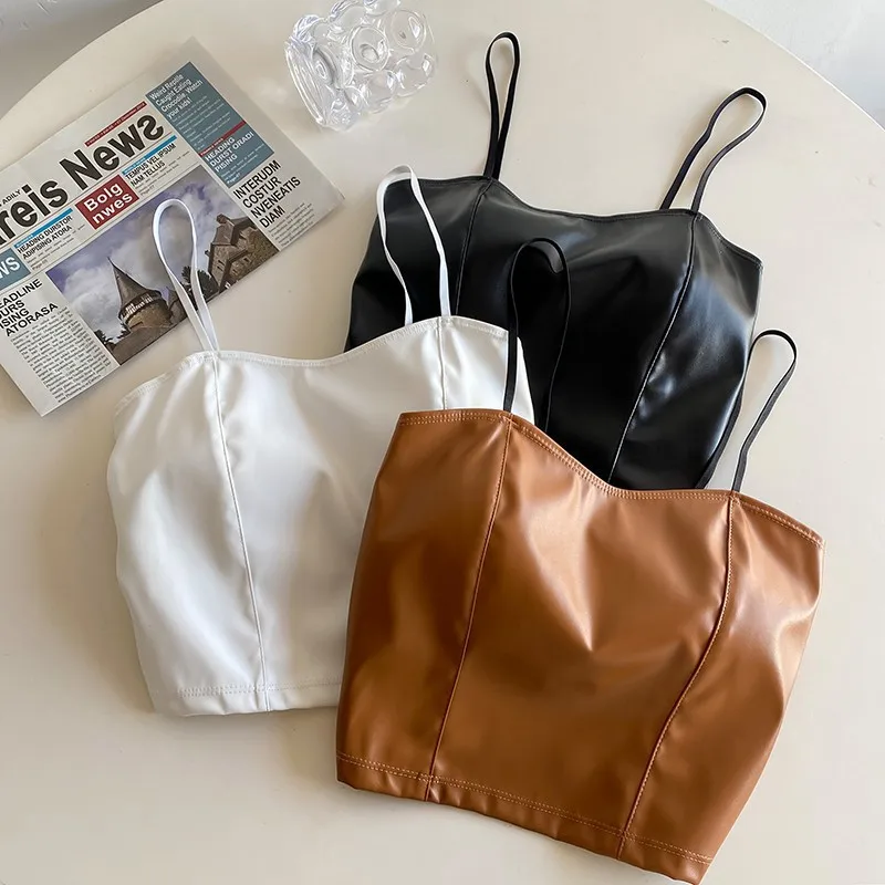Sexy Bare Midriff PU Leather Halter Crop Tops Women with Bra Pad ...