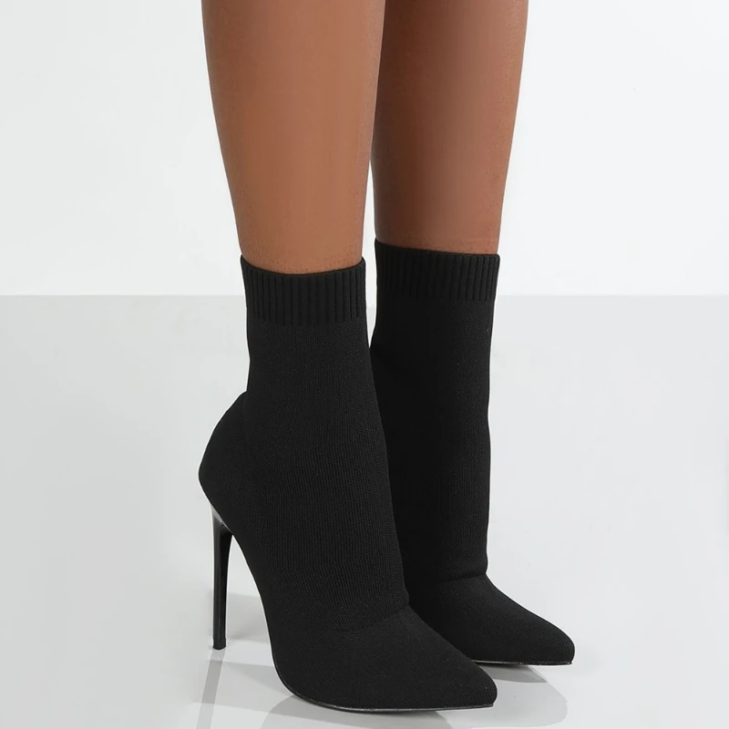 Botines-de-tela-el-stica-para-mujer-zapatos-de-tac-n-alto-con-punta ...