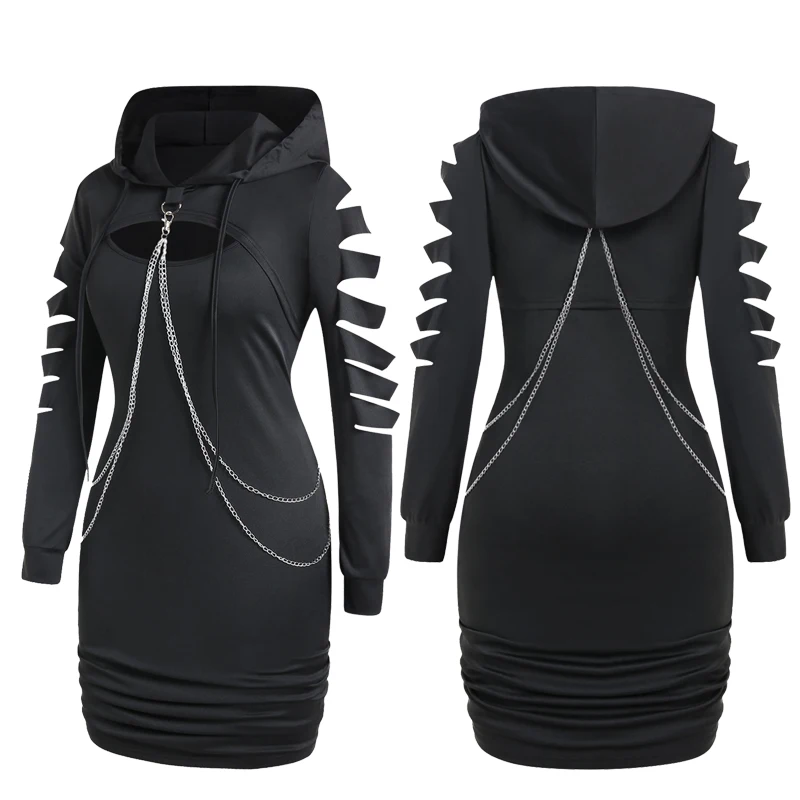 ROSEGAL Plus Size Gothic Bodycon Dresses Black Chains Ladder Ripped ...