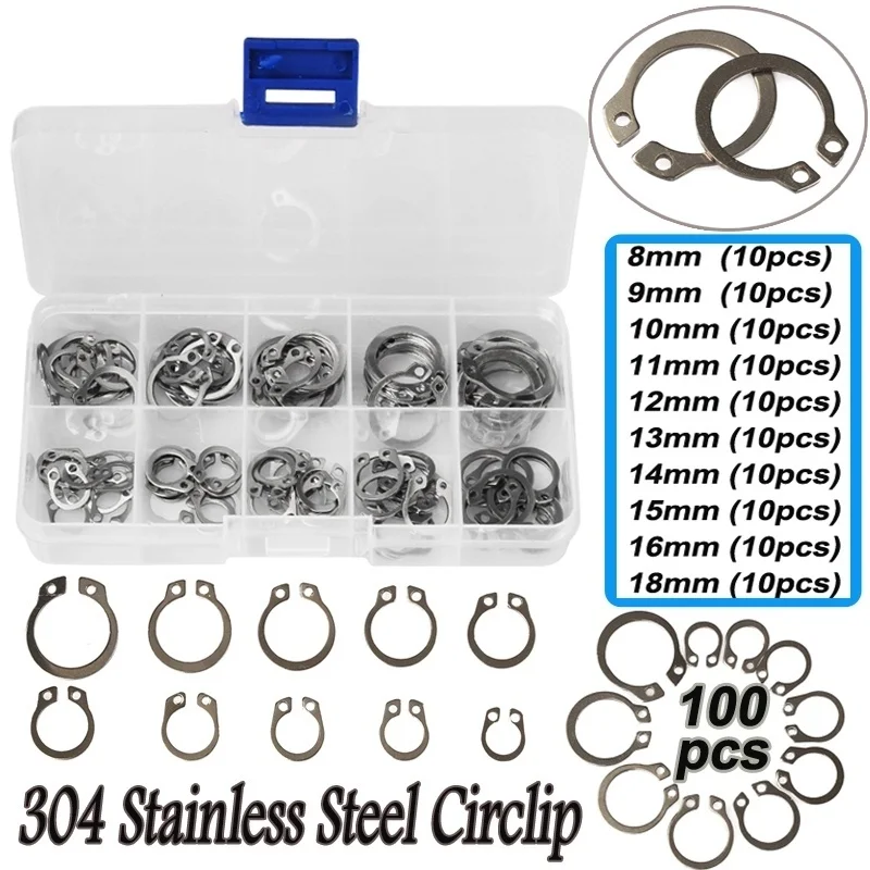 100PCS Circlip Set External/Internal Retaining C-type Cir clip Lock ...