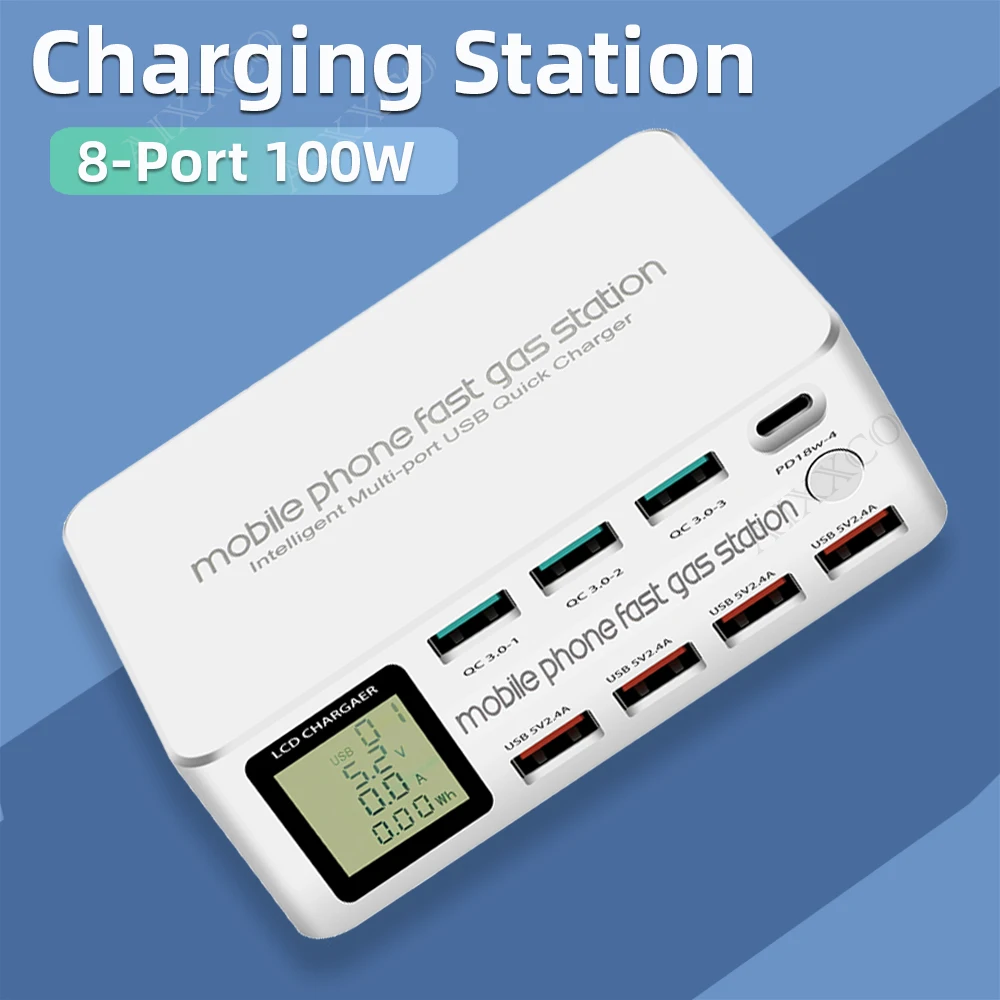 100W LCD Display 8 Ports Quick Charge 3.0 USB Charger station HUB Type ...