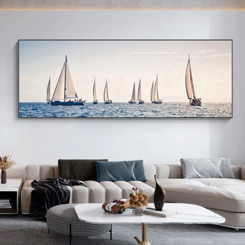 Sailing Boat Sea Waves Landscape Poster Canvas Painting Resort Boat ...