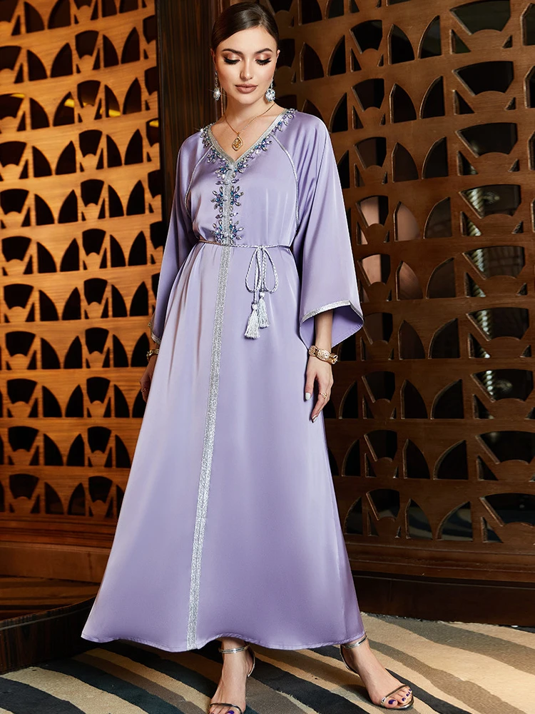Satin-Ramadan-Party-Dress-for-Women-Mulsim-Abaya-V-Neck-Diamond ...