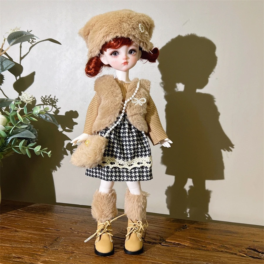 Plush Vest Thousand Bird Plaid Skirt 6 Points BJD Doll Warm Furry Pearl ...