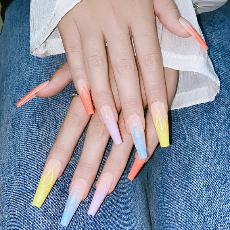24Pcs-Box-Detachable-Long-Coffin-False-Nails-Colorful-Flame-Design ...