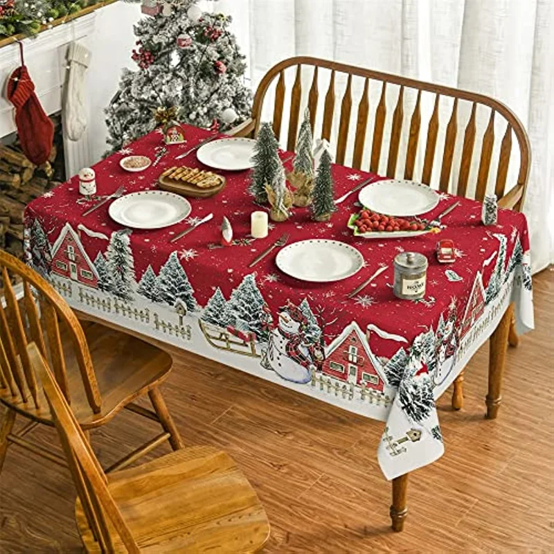 Christmas-Rectangular-Tablecloth-Winter-Snowman-Print-Polyester ...