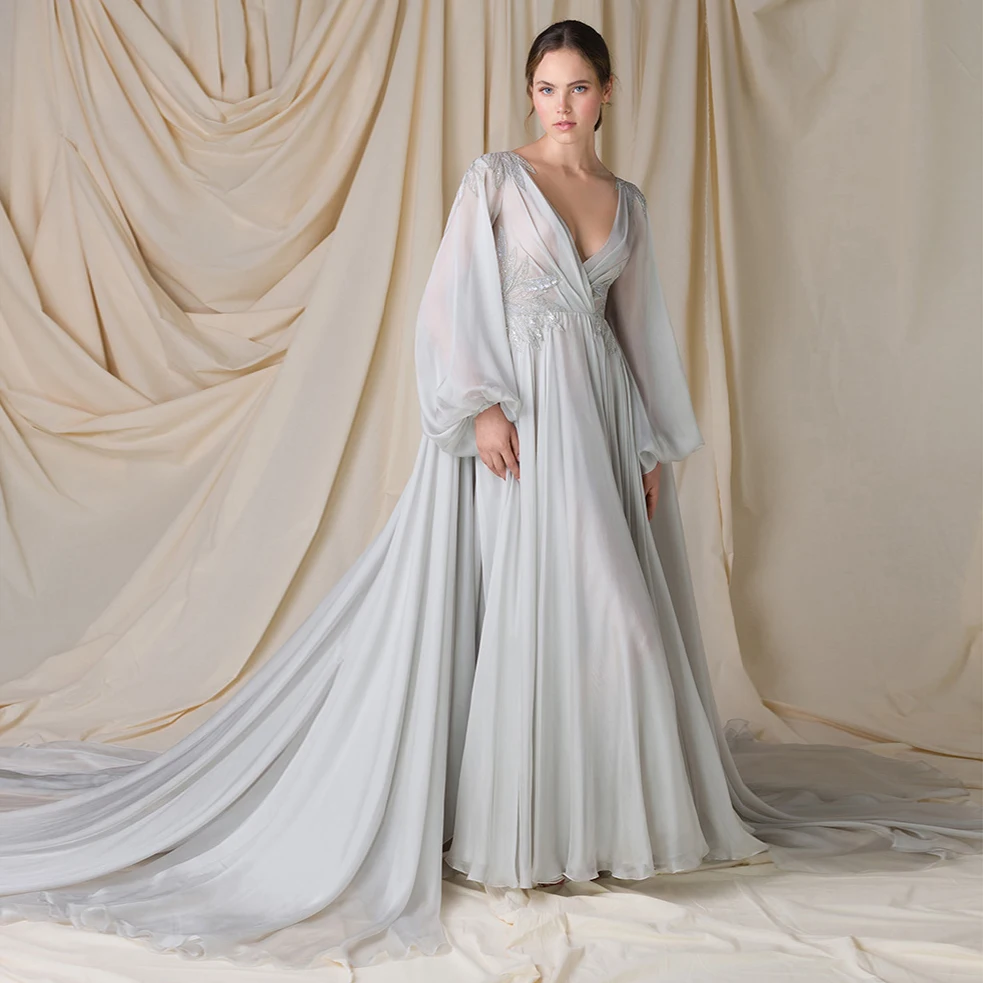 Modest Silver Chiffon A-line Long Evening Dresses With Cape Floral ...