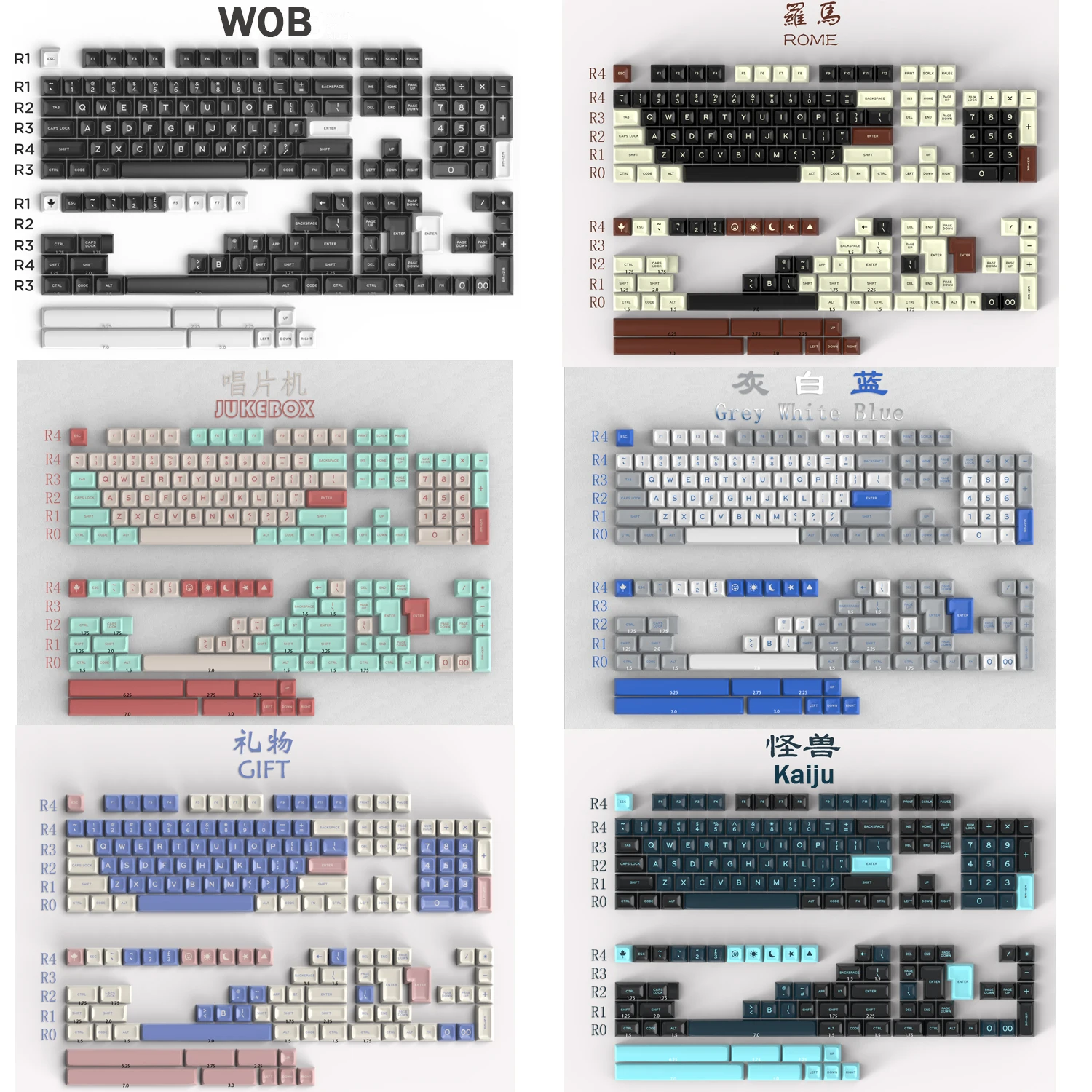 172-Keys-Double-Shot-GMK-WOB-Kaiju-Jukebox-Gift-Rome-Keycaps-Grey-White ...