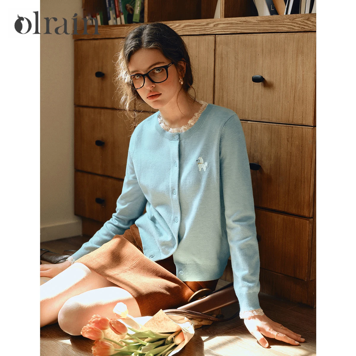 OLrain Women's Lace Trim Blue Knit Cardigan Autumn 2026 French Style ...