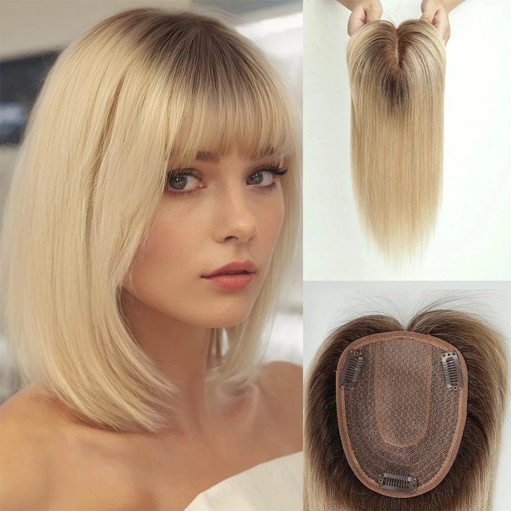 Blonde-100-Remy-Human-Hair-Toppers-Clips-in-14inches-Silk-Base-Topper ...