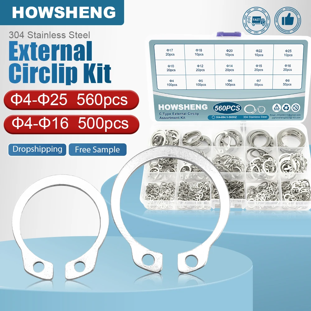 HOWSHENG-500-560pcs-C-Type-External-Circlip-Set-4-25mm-Stainless-Steel ...