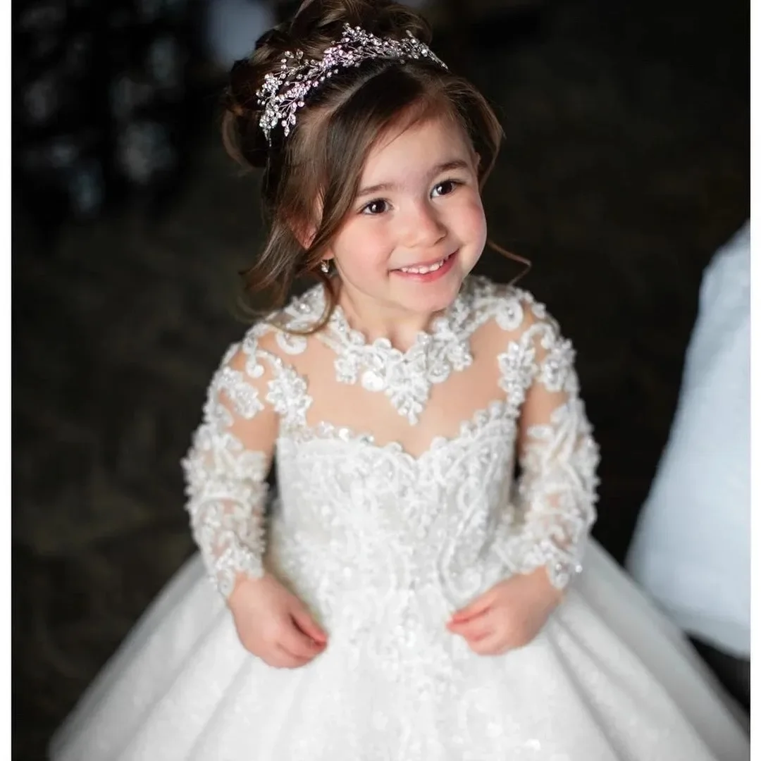 Luxurious-Flower-Girl-Dress-Long-Train-With-Bow-Bead-Birthday-Ball-Ball ...