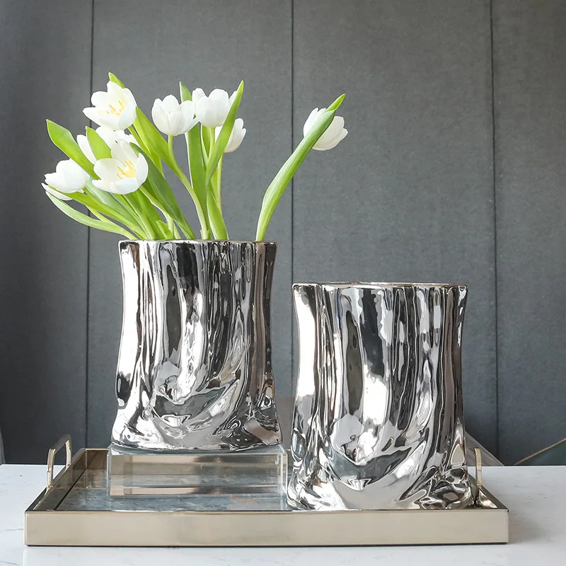 Luxury-art-pleated-plating-silver-ceramic-vase-dried-flower-ornaments ...