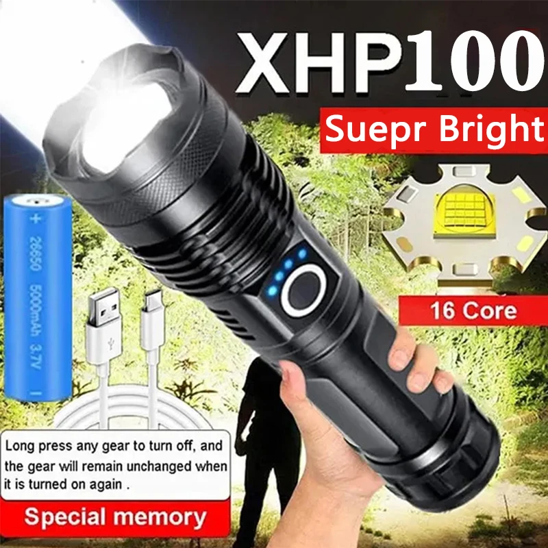 High-Power-XHP100-Led-Flashlight-Rechargeable-4-Core-Torch-Zoom-Usb ...