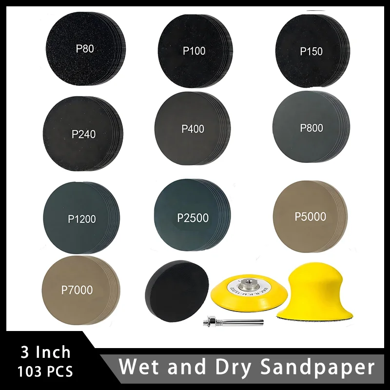 3 Inch Wet and Dry Sandpaper 103 Pcs with Hook and Loop Hand Sanding ...