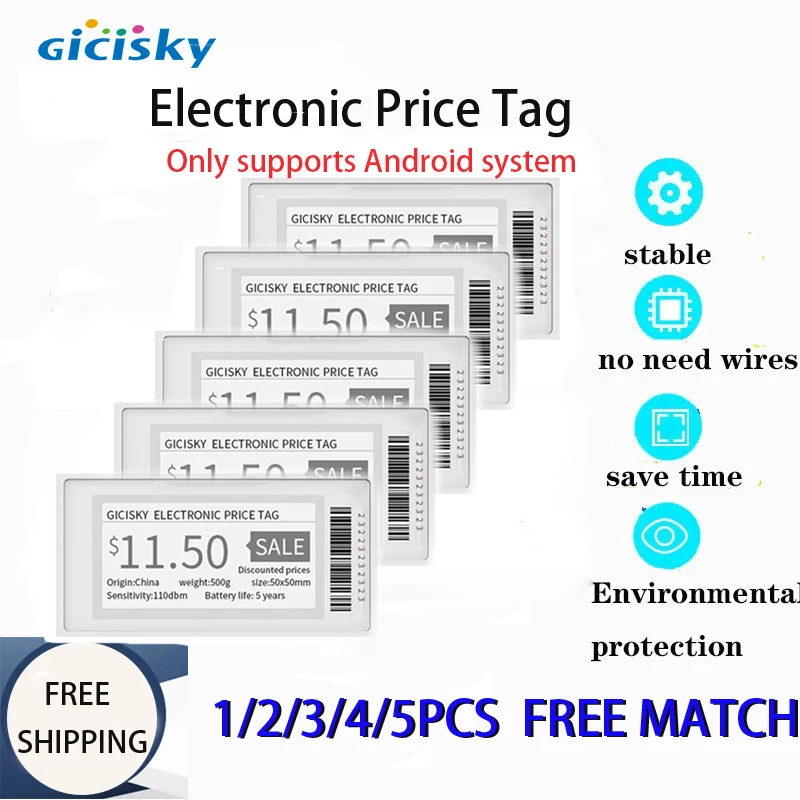 5pcs Black 2.1" Electronic Price Tag Esl Tft Screen Display No Messy Writing Bluetooth Connect ...