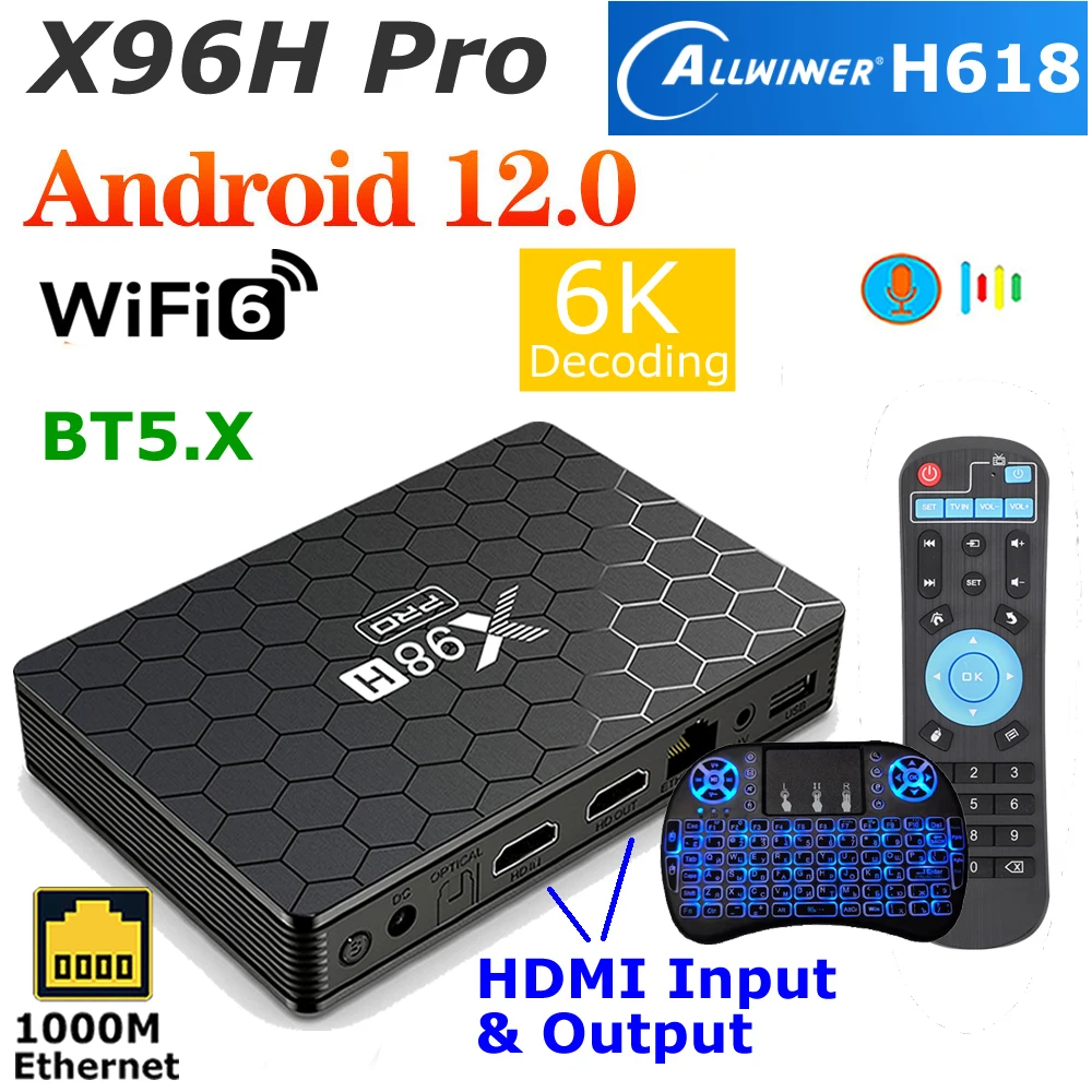 TV Box 1000M HDMI Input and Output Android 12 X98H Pro Quad Core HD 4K 2.4G 5G WIFI Allwinner ...