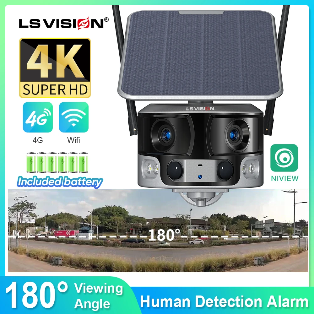 LS VISION 4K 180 ° grand Angle de vue 4G caméra de sécurité solaire ...