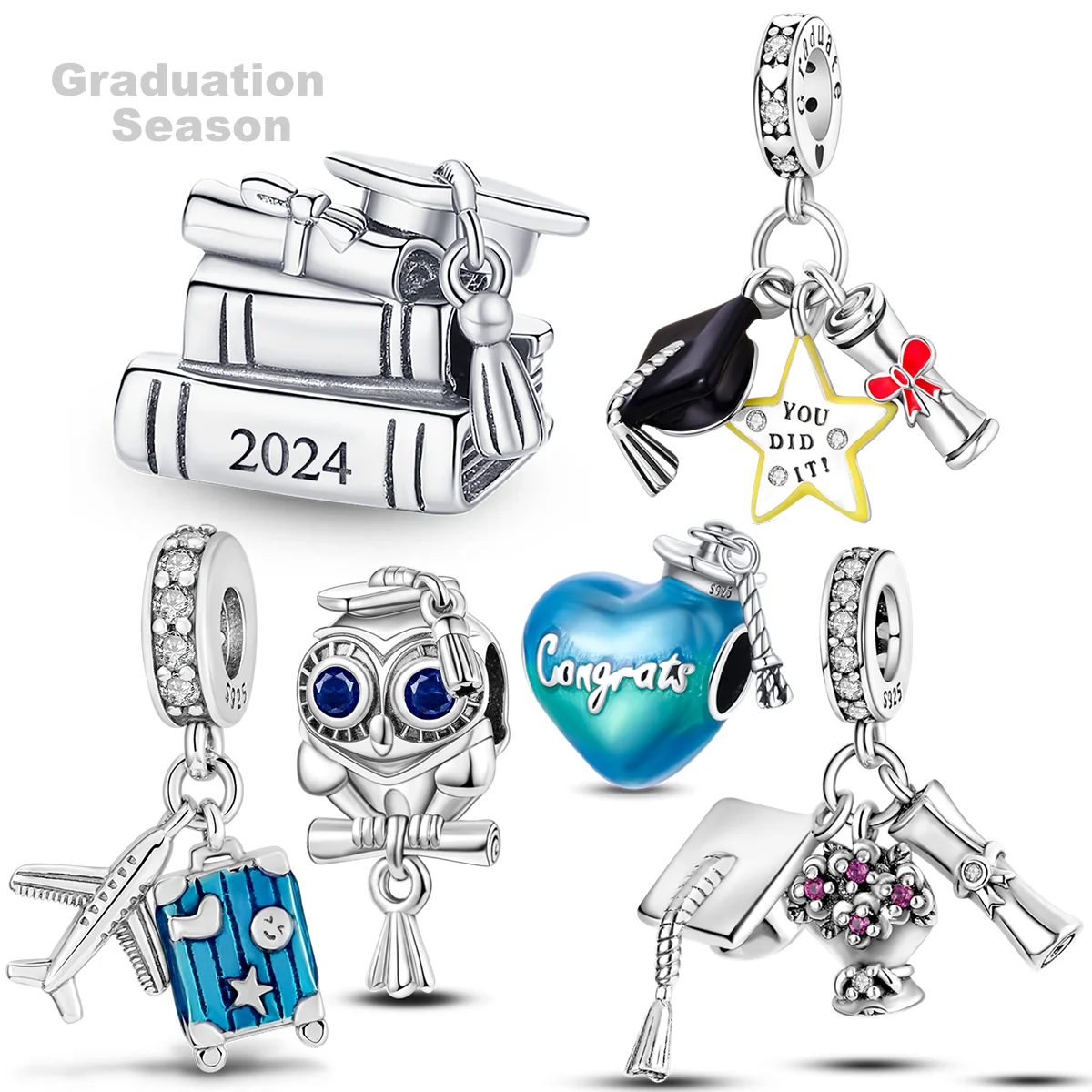 925-Sterling-Silber-Abschluss-saison-Charms-Perlen-Junggesellen-m-tze-Koffer-Flugzeug-baumeln ...