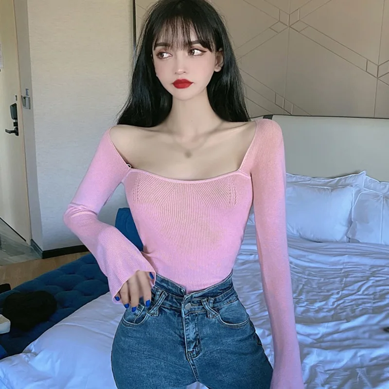 Summer Women Long Sleeve Square Shawl Neckline Knitted Sexy Pull