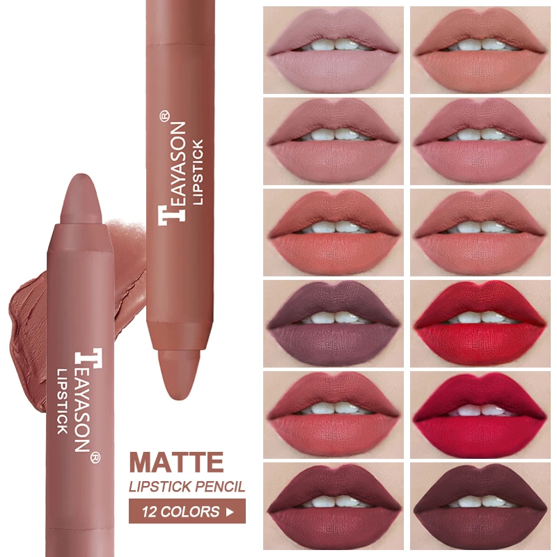 12 Colors Matte Waterproof Velvet Nude Lipstick Pencil Sexy Red Brown ...