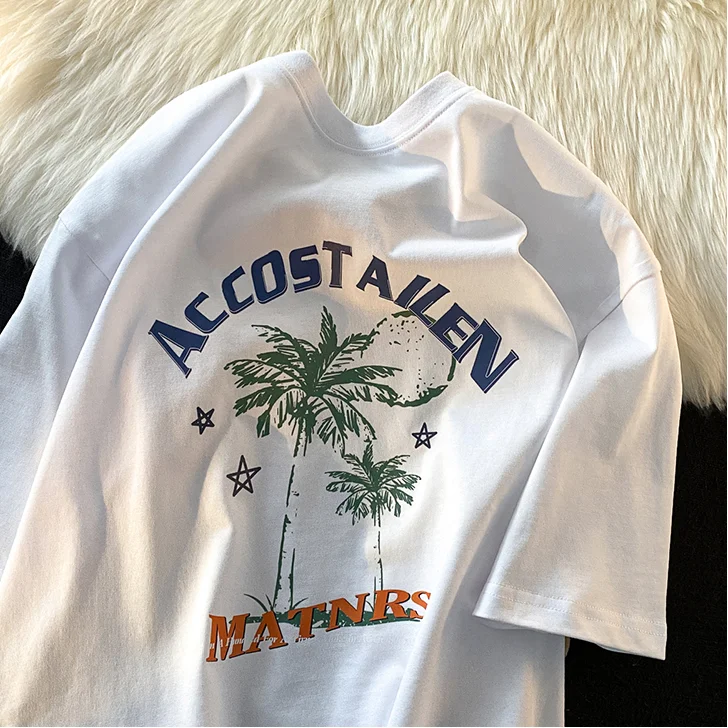 American-trendy-retro-coconut-tree-design-pure-cotton-T-shirt-summer-short-sleeved-men-loose ...