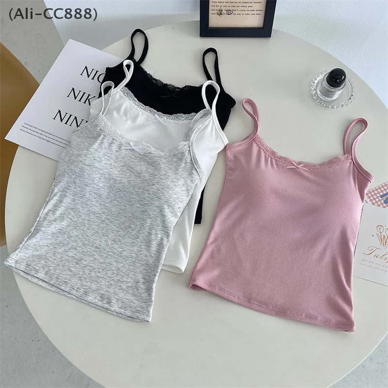 Summer Lace Sweet Bow Solid Color Slim Camisole Anti-exposure ...