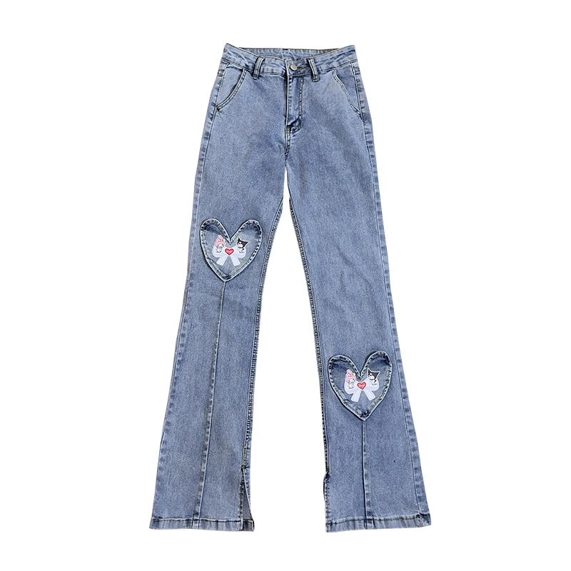 Kawaii Anime Sanrioed Kuromi Cartoon Print Ripped Jeans Versatile Loose ...