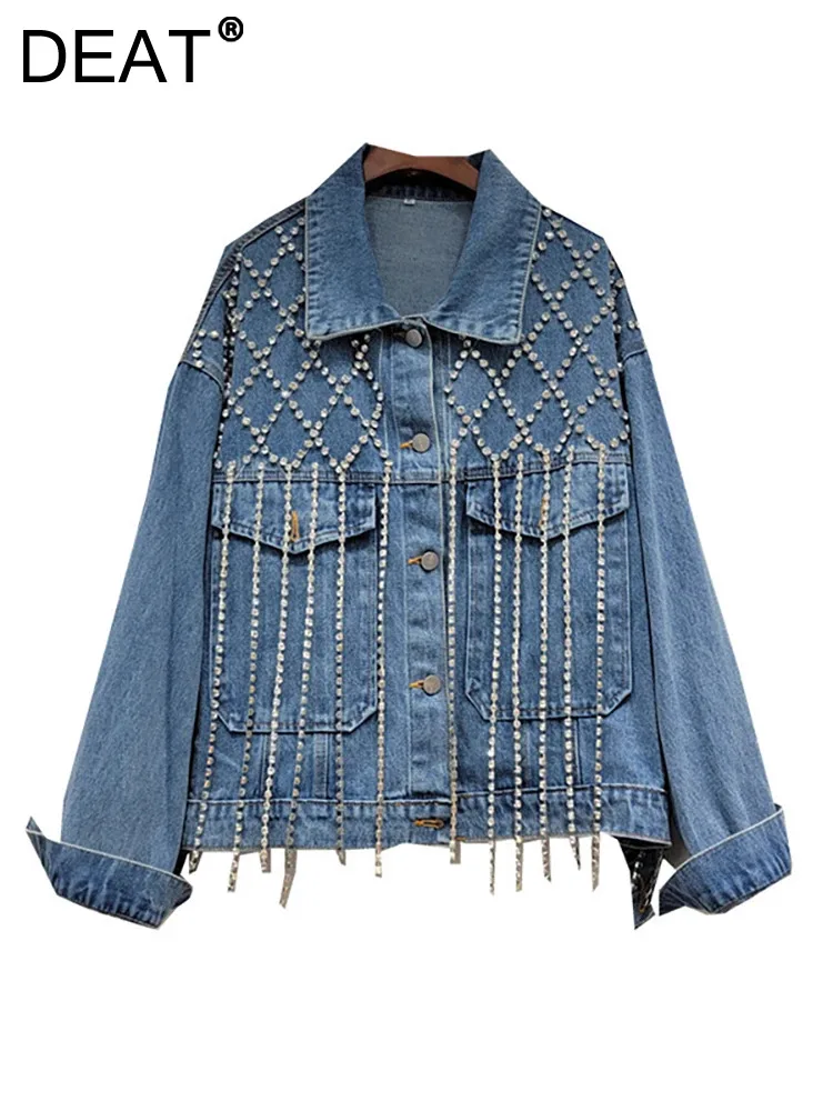 DEAT-Women-s-Denim-Coat-Patchwork-Diamond-Chains-Plaid-Tassel-Single ...