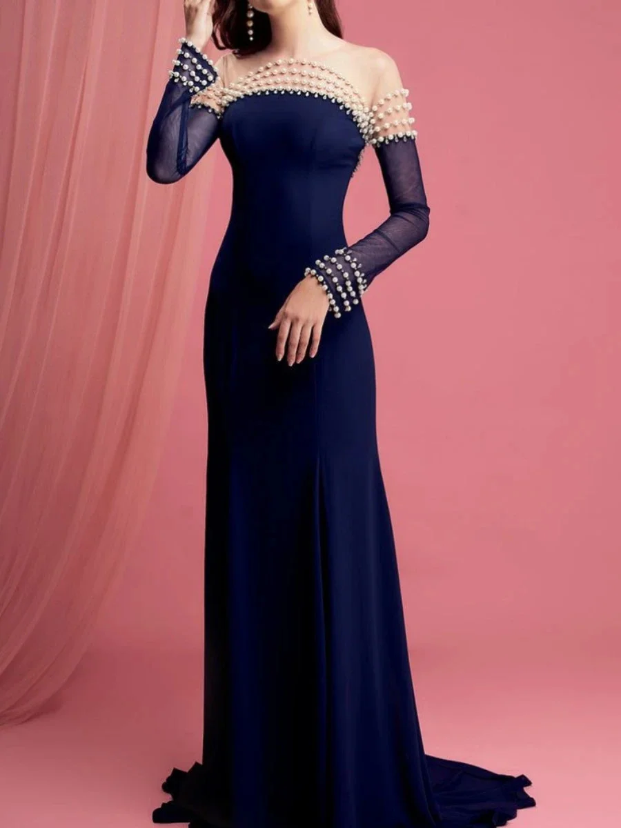 Robe-de-cocktail-perl-e-en-satin-bleu-royal-pour-femme-manches-longues ... Robe-de-cocktail-perl-e-en-satin-bleu-royal-pour-femme-manches-longues ...