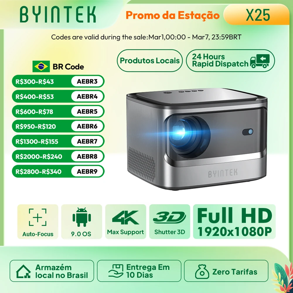 BYINTEK X25 Full HD Projector 1080P 4K Video 900Ansi Auto Focus WiFi ...