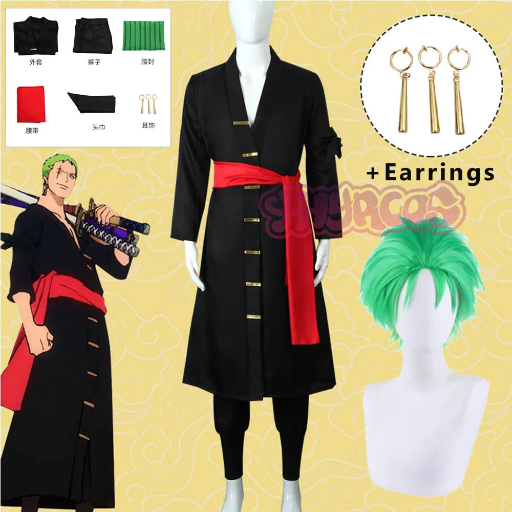 Anime-Roronoa-Zoro-Cosplay-Costume-Uniform-Black-Coat-Belt-Pants-Head ...
