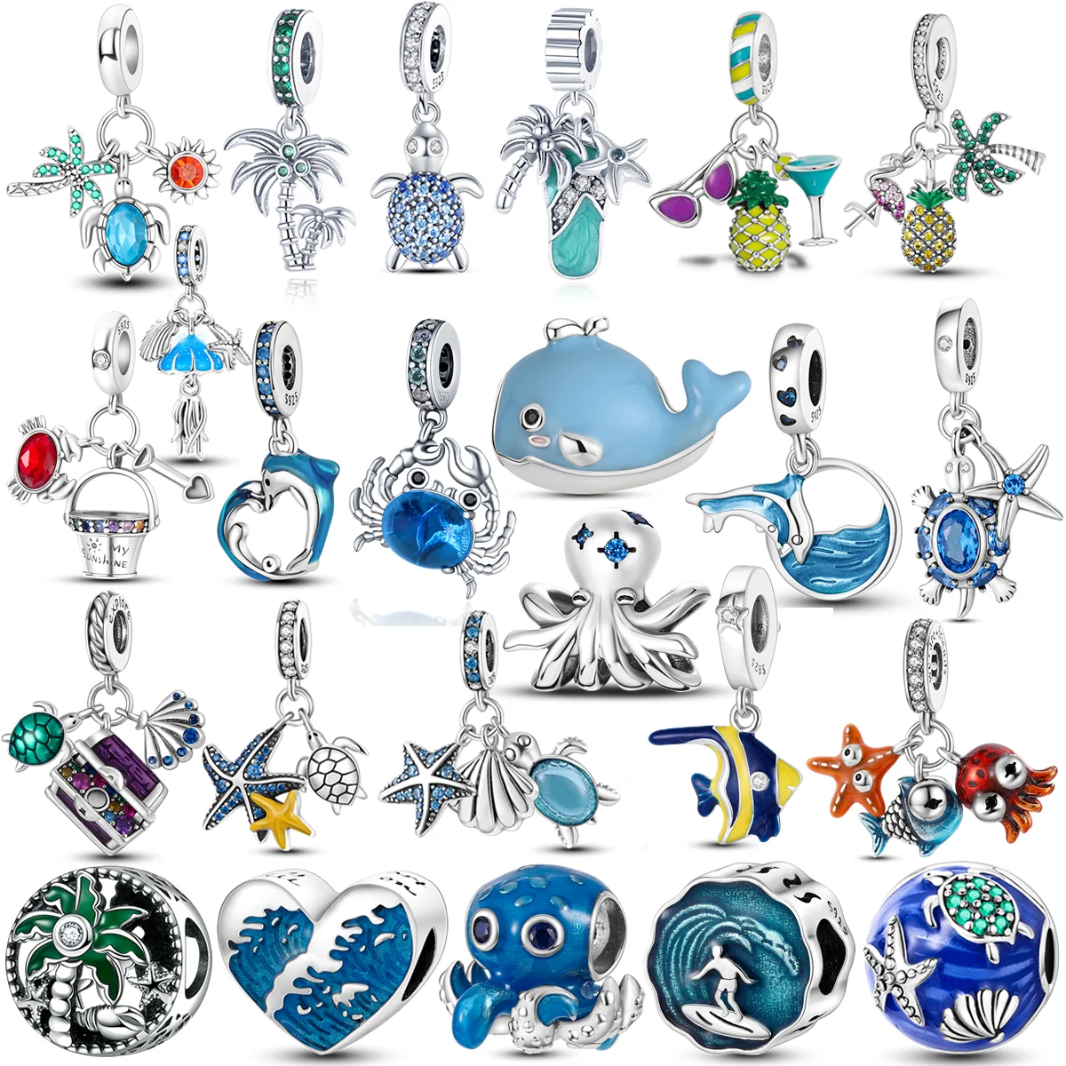 925-Sterling-Silver-Ocean-Summer-Style-Dangle-Turtle-Starfish-Octopus ...