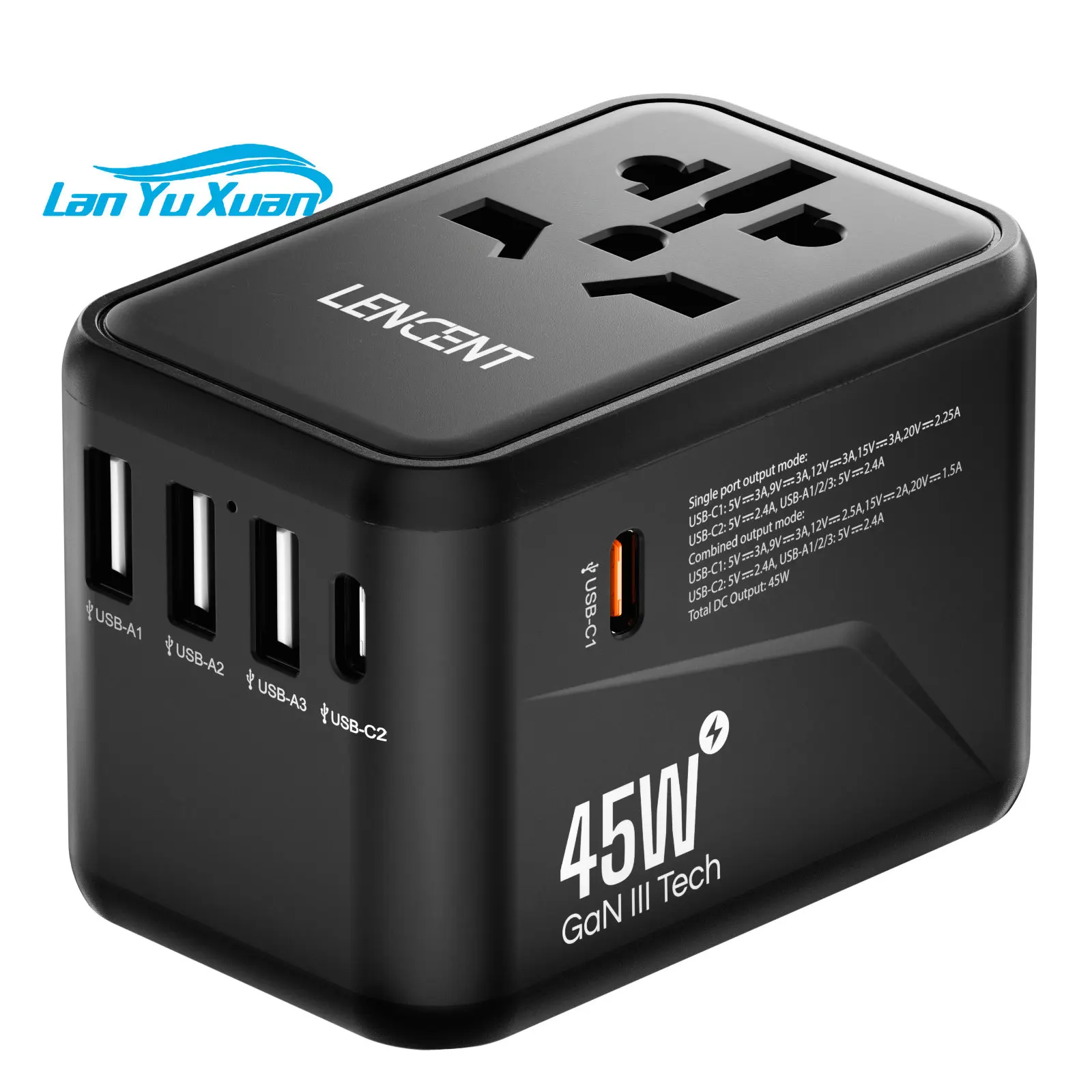 LENCENT 45W GaN Universal Travel Adapter with 3 USB Ports 2 Type C Fast ...