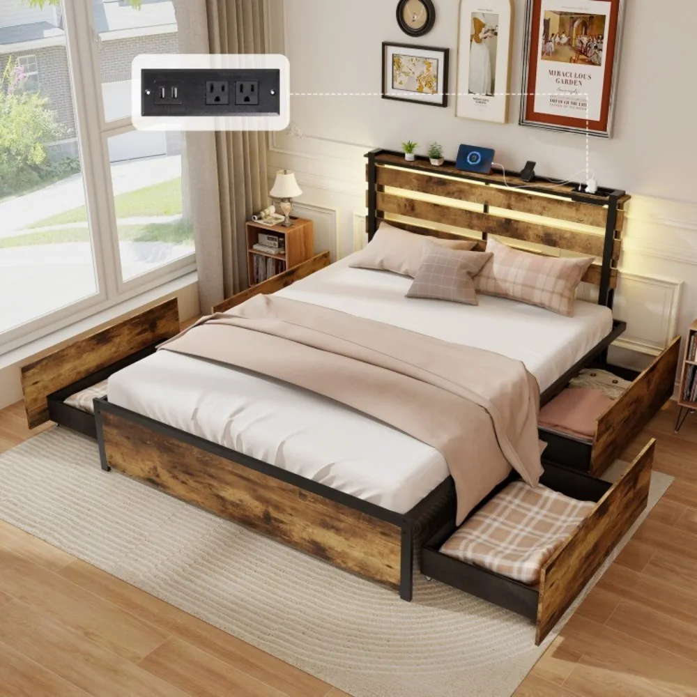 Queen Size Platform Bed Frame High Headboard. w/Drawers LED Lights and ...